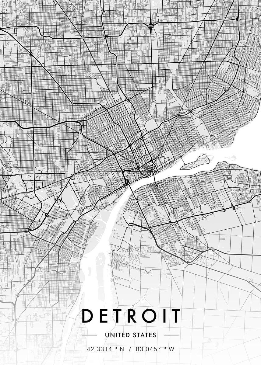 'Detroit City Map White' Poster, picture, metal print, paint by MVDZ ...