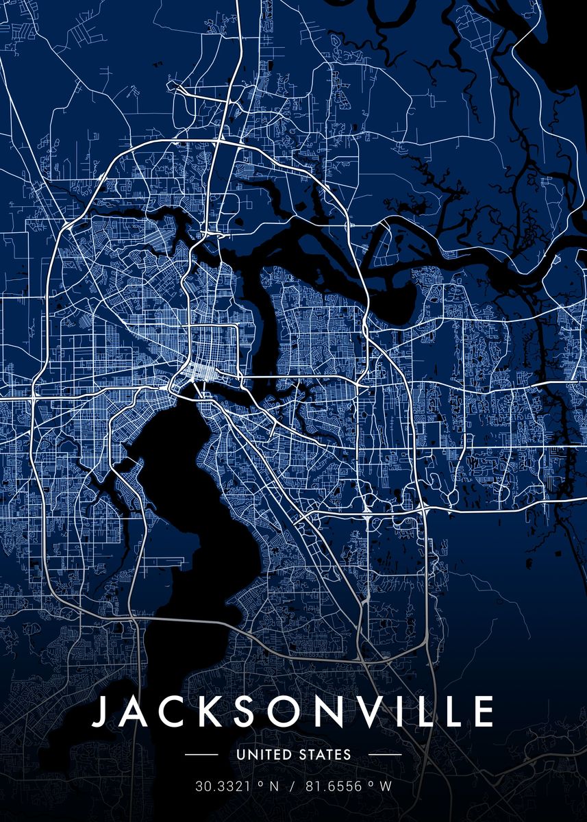 'Jacksonville City Map Blue' Poster, picture, metal print, paint by ...