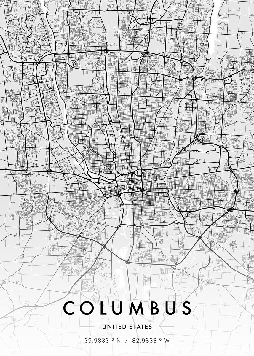 'Columbus City Map White' Poster, picture, metal print, paint by MVDZ ...