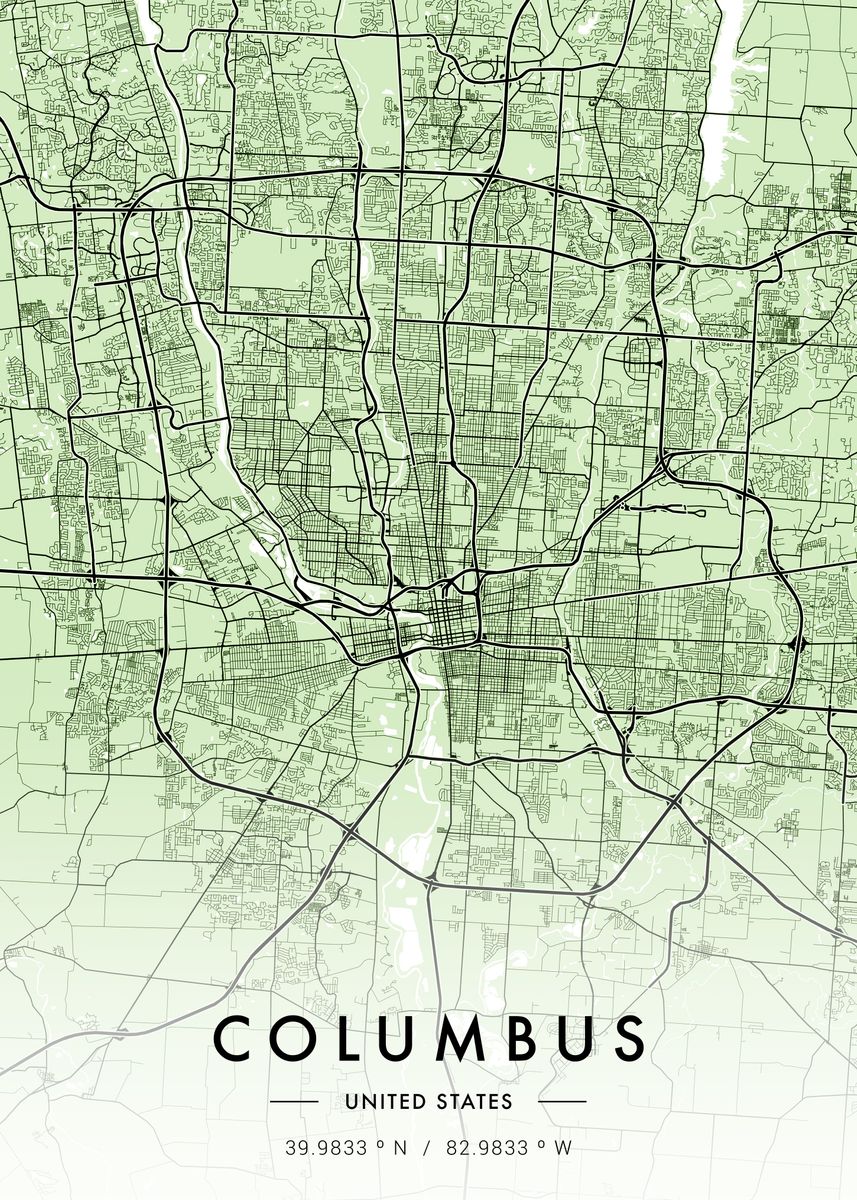 'Columbus City Map Green' Poster, picture, metal print, paint by MVDZ ...