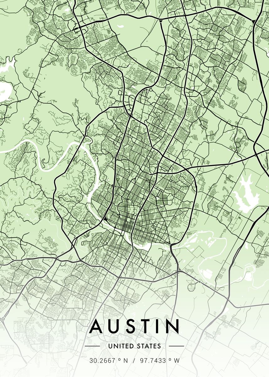 'Austin City Map Green' Poster, picture, metal print, paint by MVDZ ...