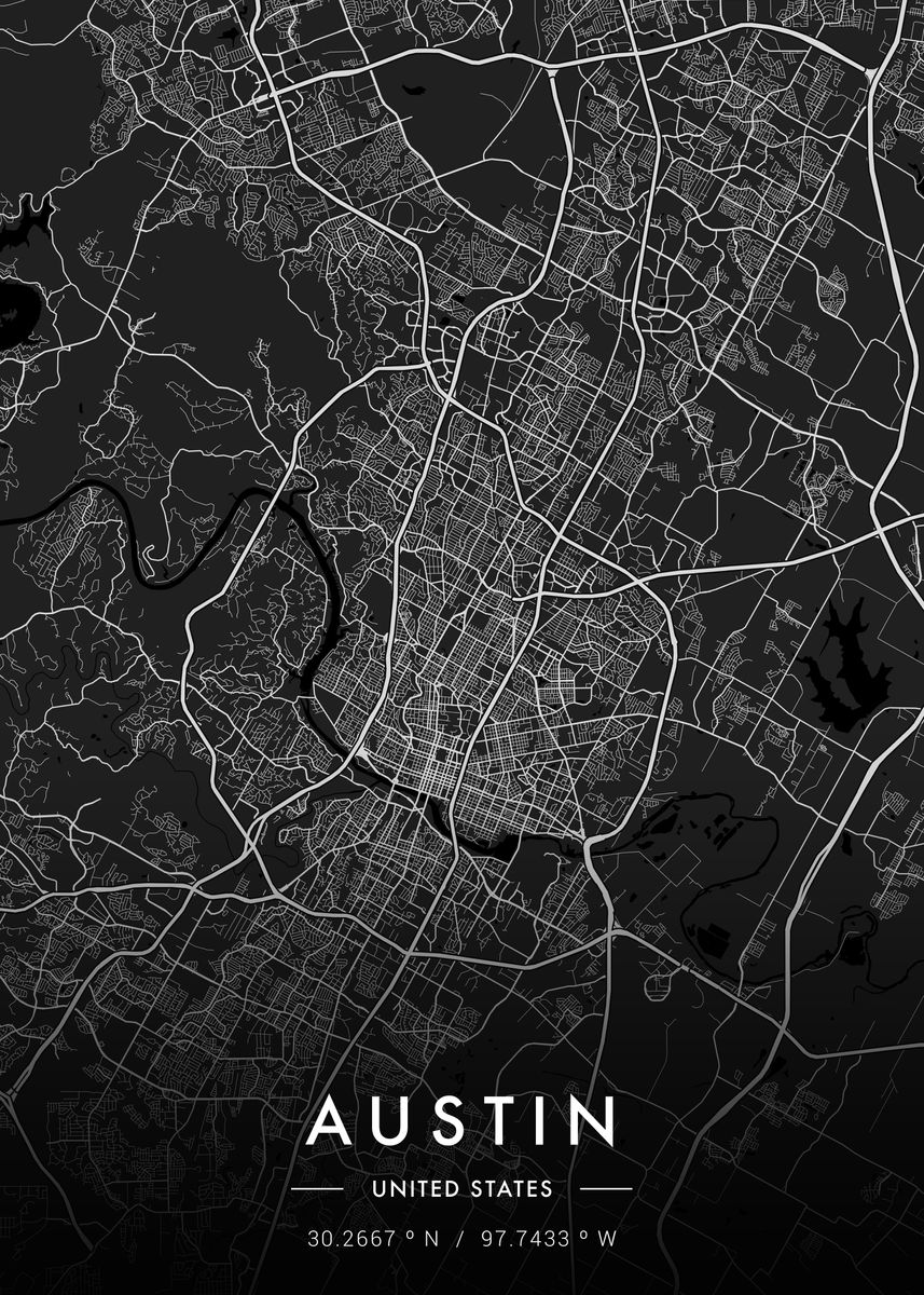 'Austin City Map Dark' Poster, picture, metal print, paint by MVDZ ...