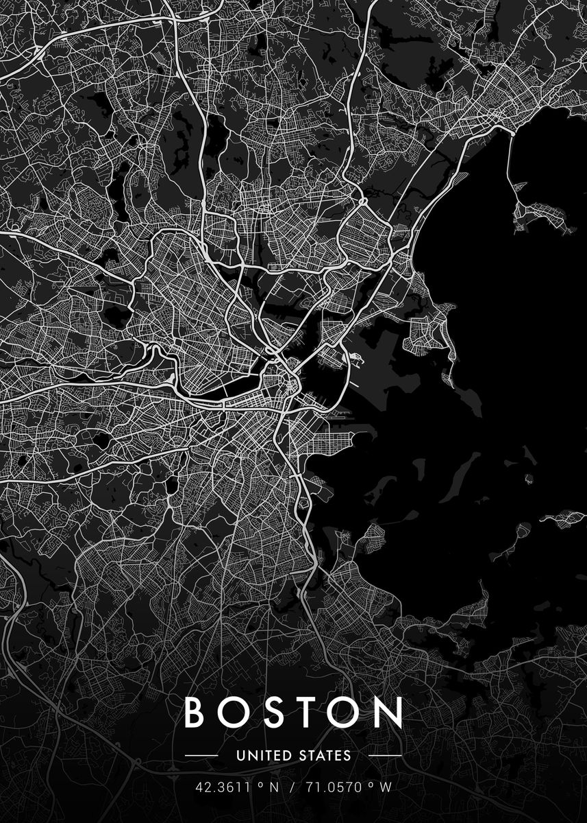 'Boston City Map Dark' Poster, picture, metal print, paint by MVDZ ...