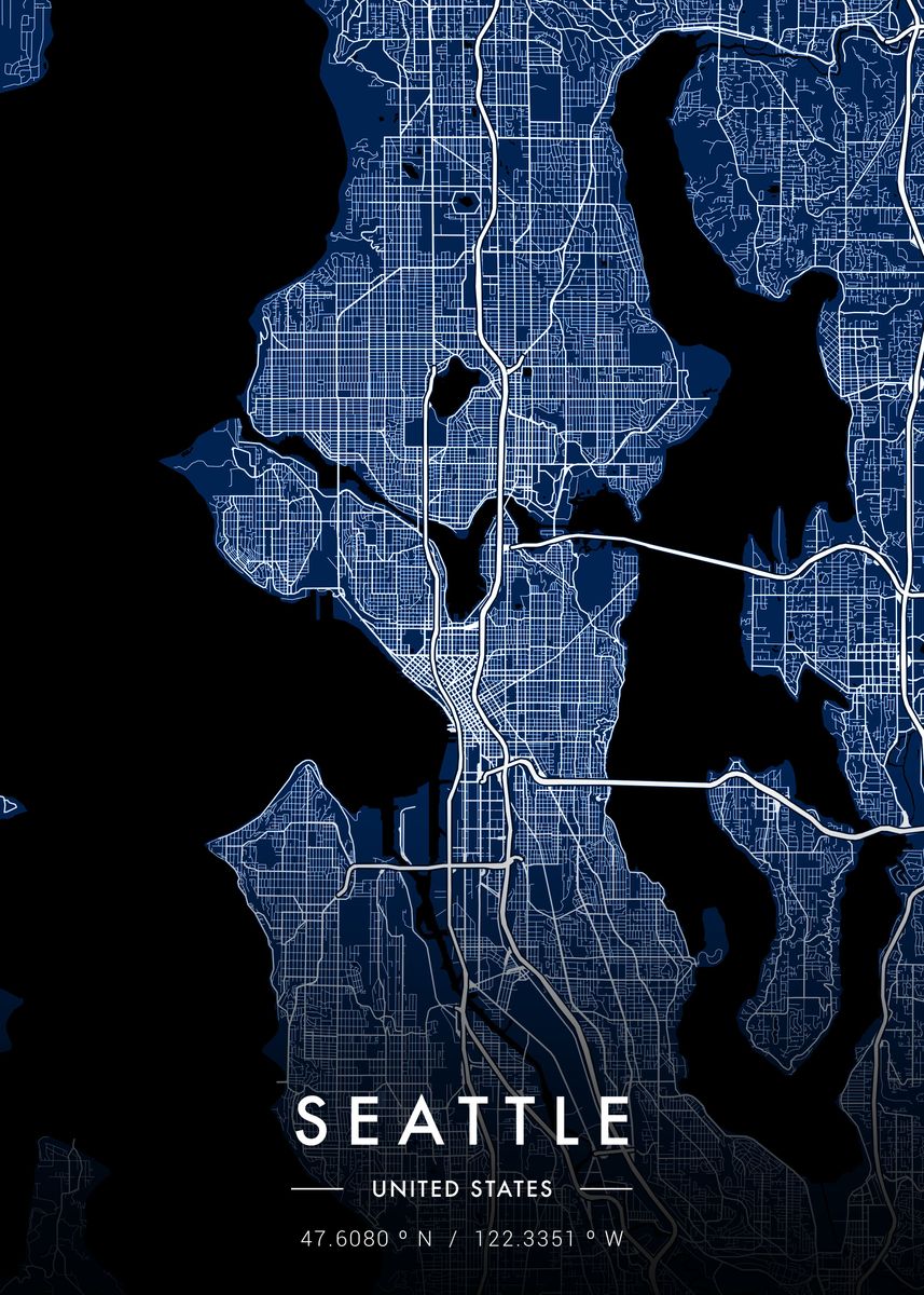 'Seattle City Map Blueprint' Poster, picture, metal print, paint by ...