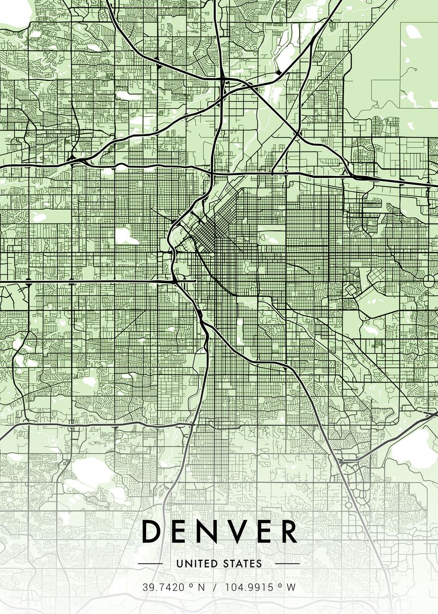 'Denver City Map Green' Poster, picture, metal print, paint by MVDZ ...