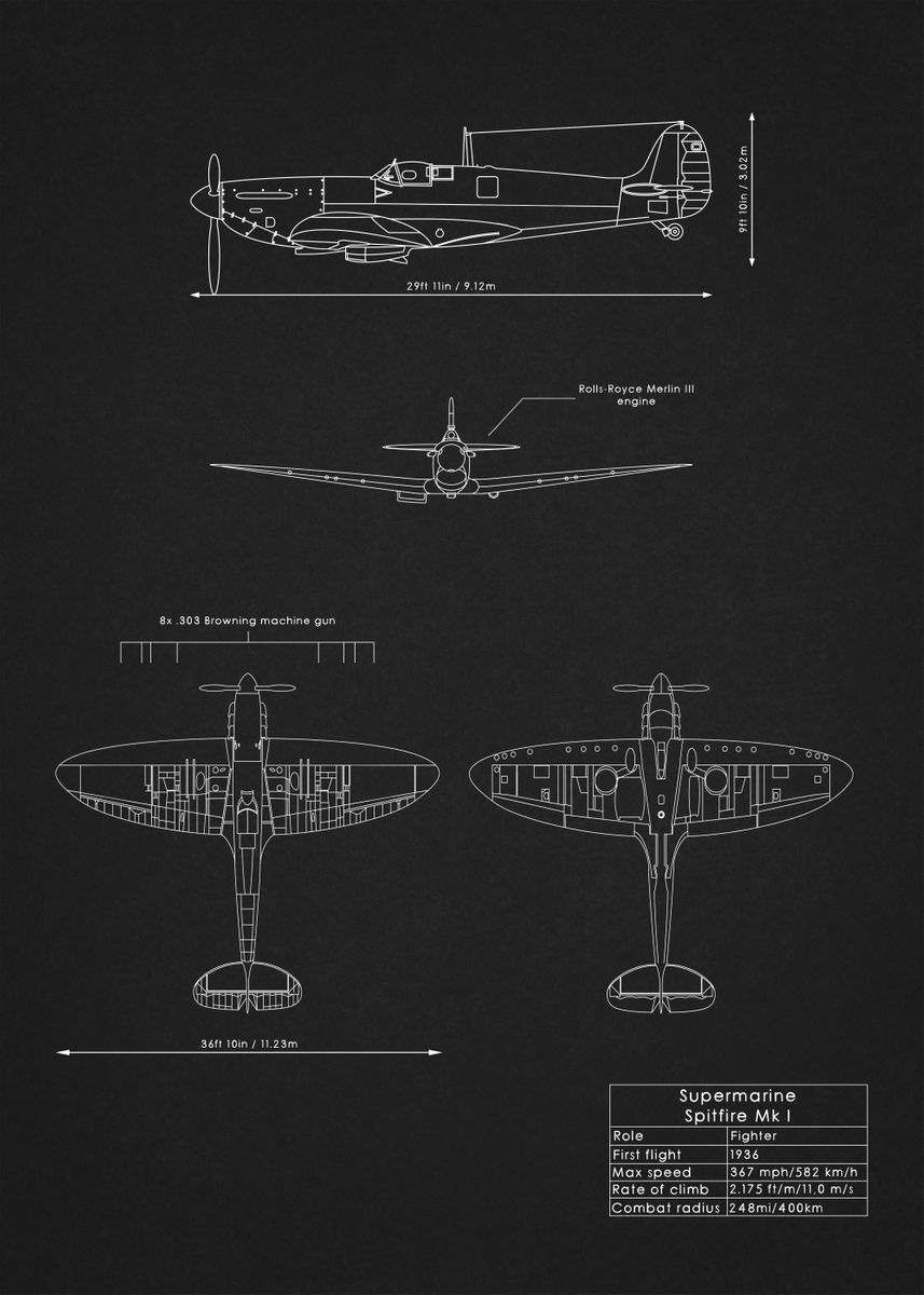 'Spitfire Mk I Blueprint' Poster by Iwoko | Displate