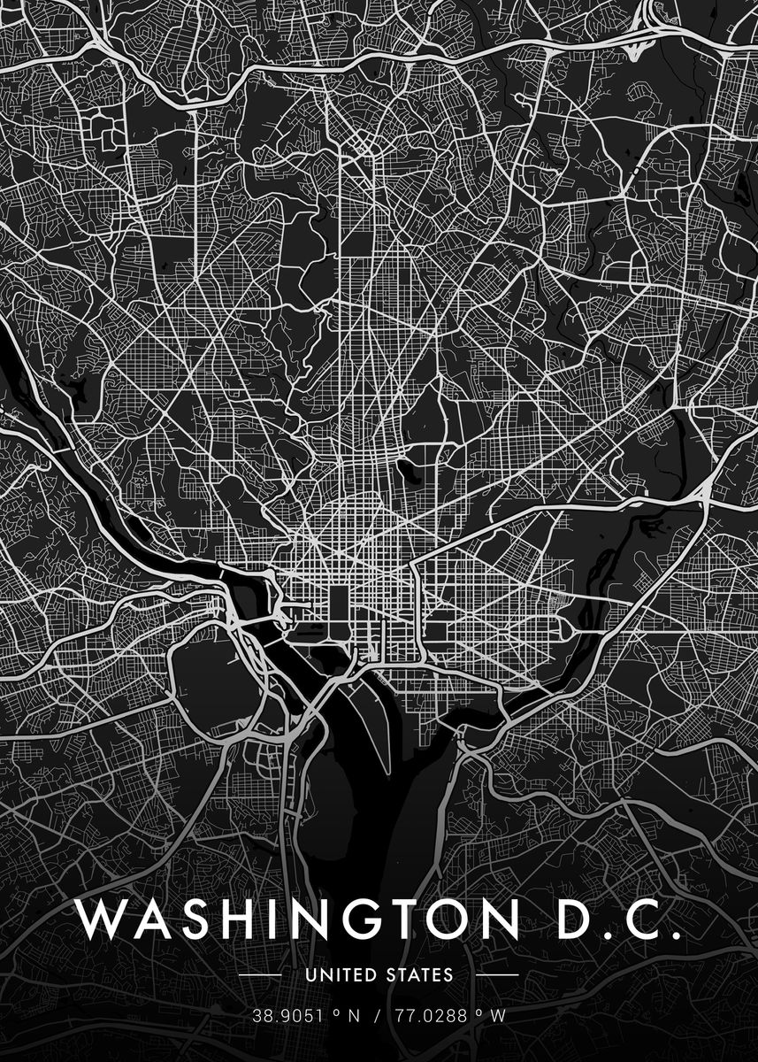 'Washington City Map Dark' Poster, picture, metal print, paint by MVDZ ...