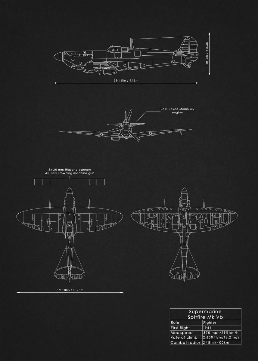 'Spitfire Mk Vb blueprint' Poster, picture, metal print, paint by Iwoko ...