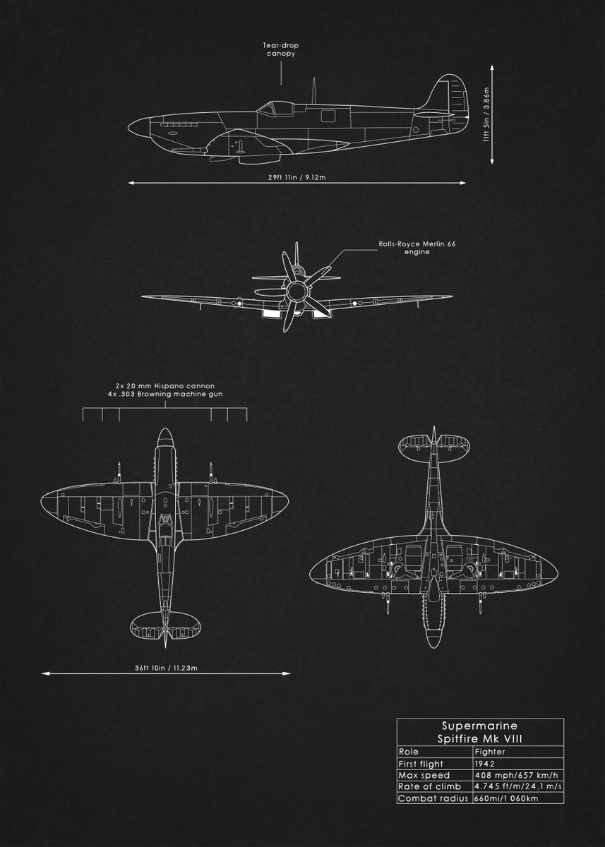 'Spitfire Mk VIII Blueprint' Poster, picture, metal print, paint by ...