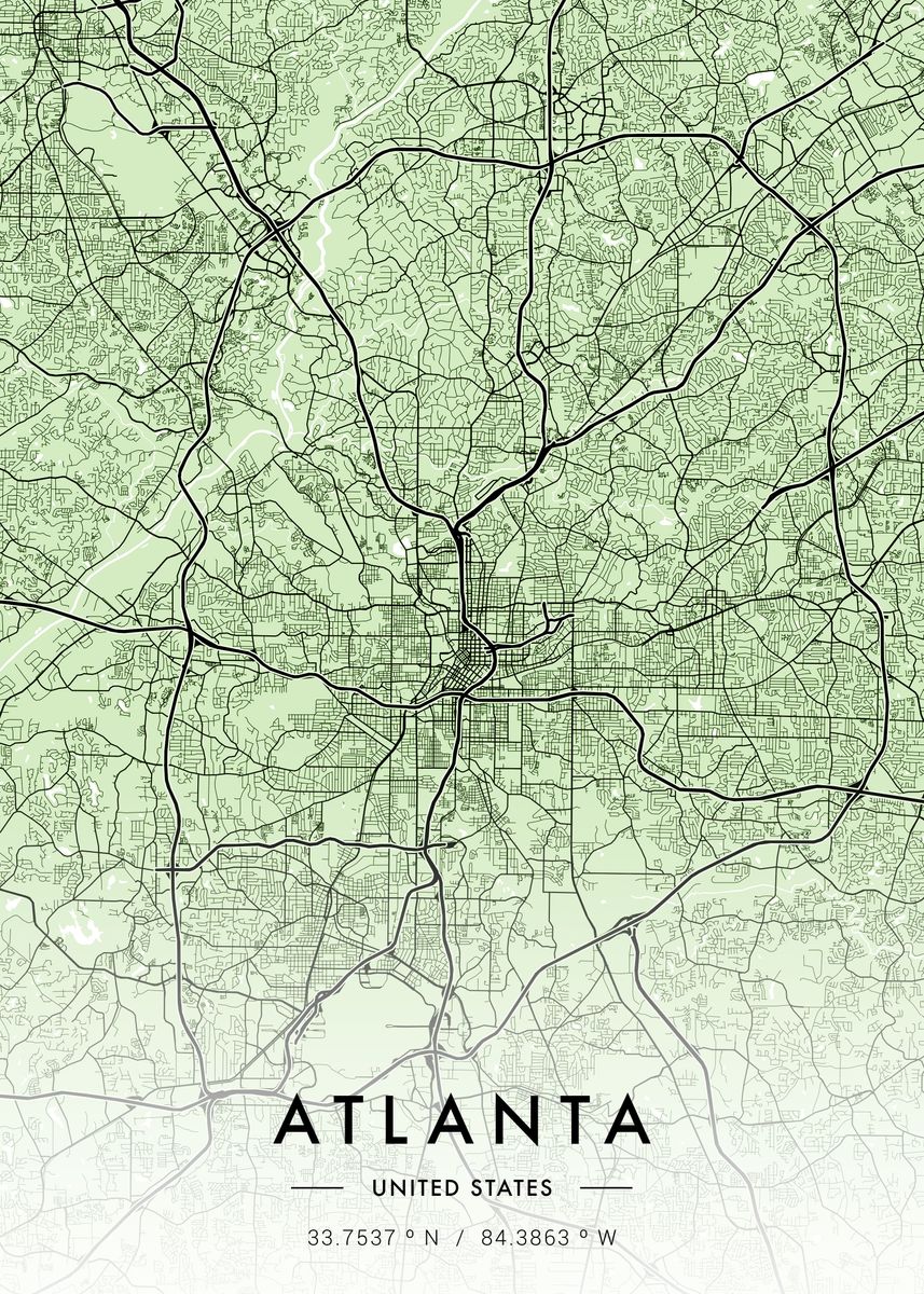'Atlanta City Maps Green' Poster, picture, metal print, paint by MVDZ ...