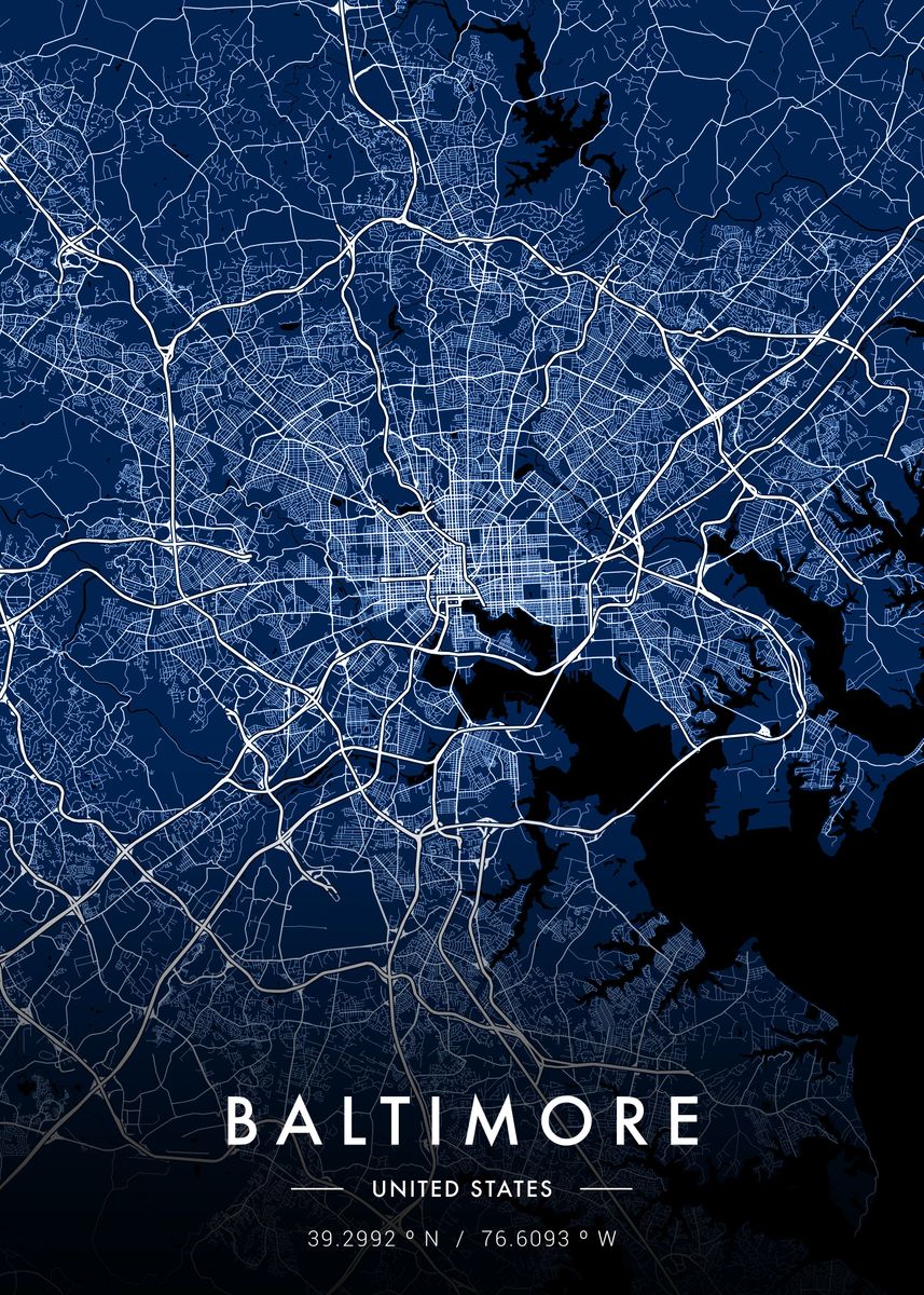 'Baltimore City Map Blue' Poster, picture, metal print, paint by MVDZ ...