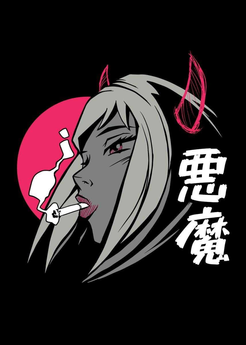 'SMOKING DEMON ANIME GIRL' Poster, picture, metal print, paint by ...