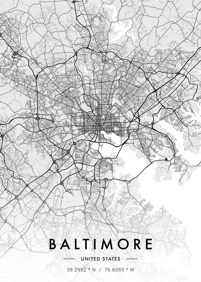 'Baltimore City Map White' Poster, picture, metal print, paint by MVDZ ...