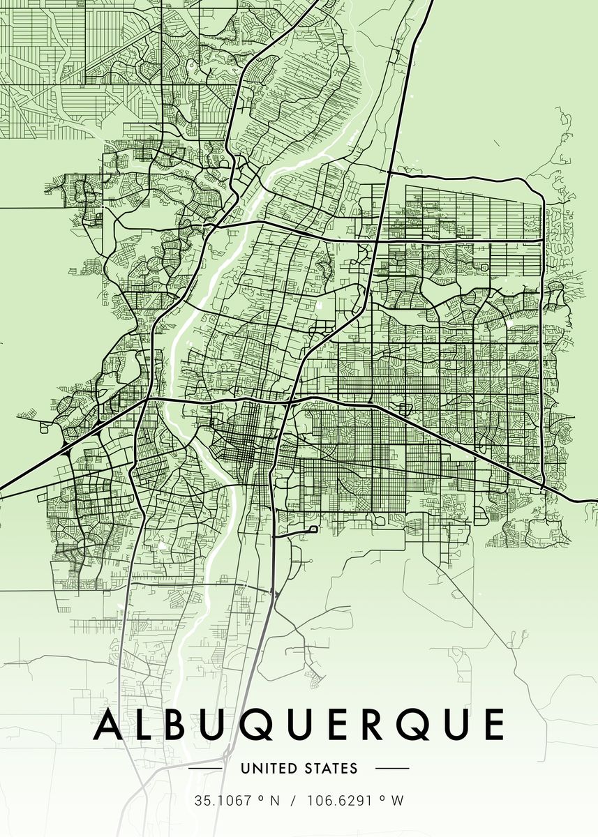 'Albuquerque City Map Green' Poster, picture, metal print, paint by ...
