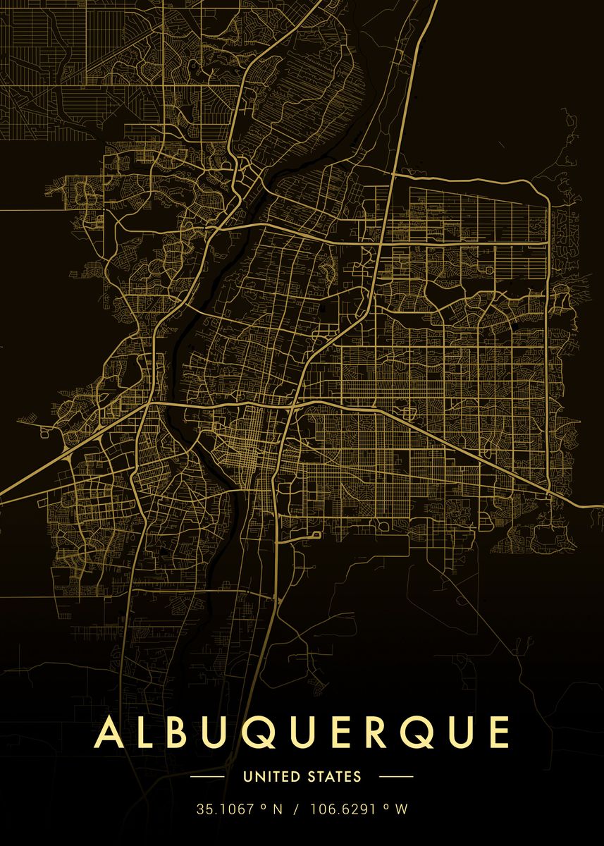 'Albuquerque City Map Gold' Poster, picture, metal print, paint by MVDZ ...