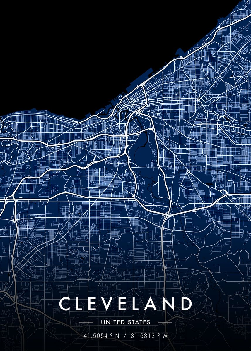 'Cleveland City Map Blue' Poster, picture, metal print, paint by MVDZ ...