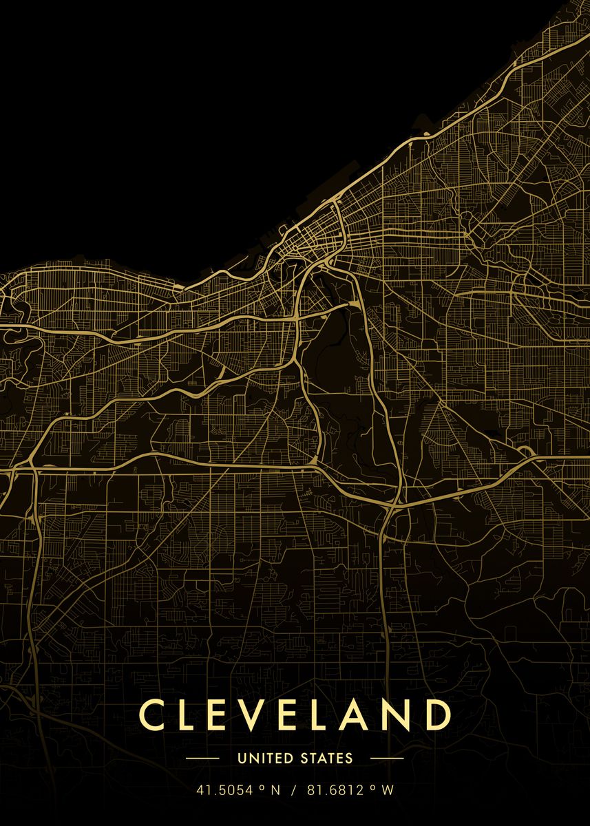 'Cleveland City Map Gold' Poster, picture, metal print, paint by MVDZ ...
