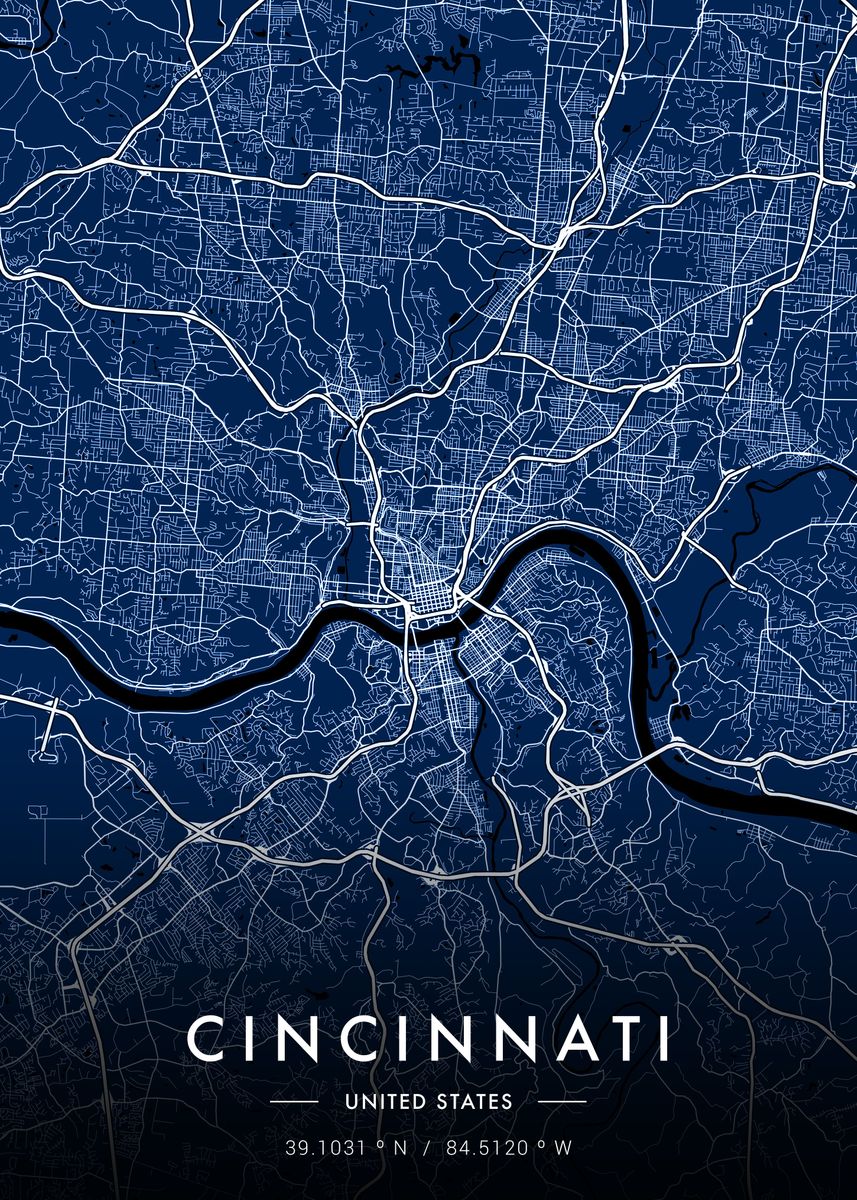 'Cincinnati City Map Blue' Poster, picture, metal print, paint by MVDZ ...