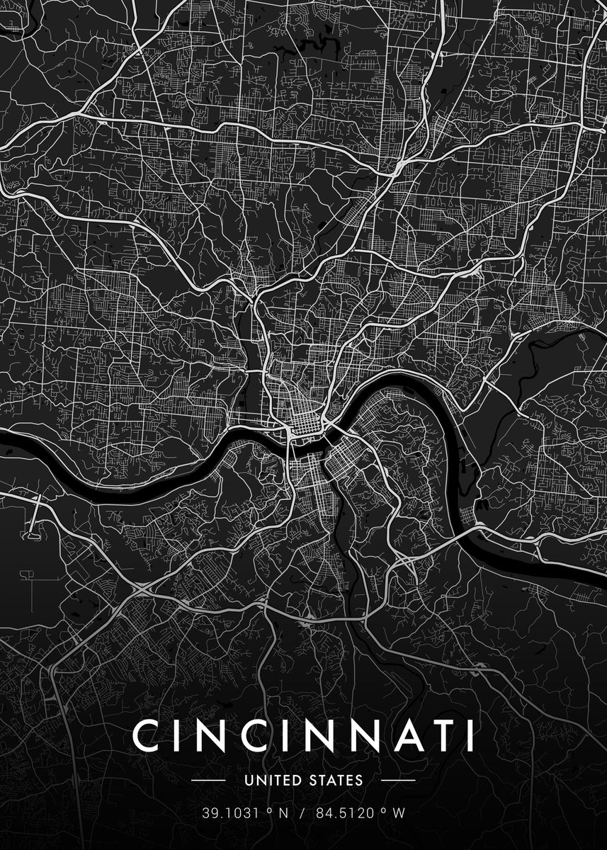 'Cincinnati City Map Dark' Poster, picture, metal print, paint by MVDZ ...