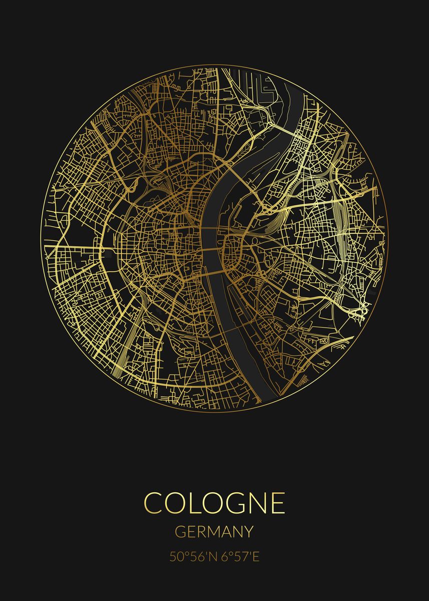 'Cologne Black Gold Map' Poster by dkDesign | Displate