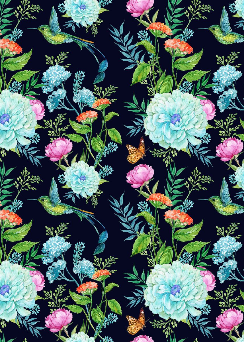 'Hummingbird Floral Patt 09' Poster by Aloke Design | Displate