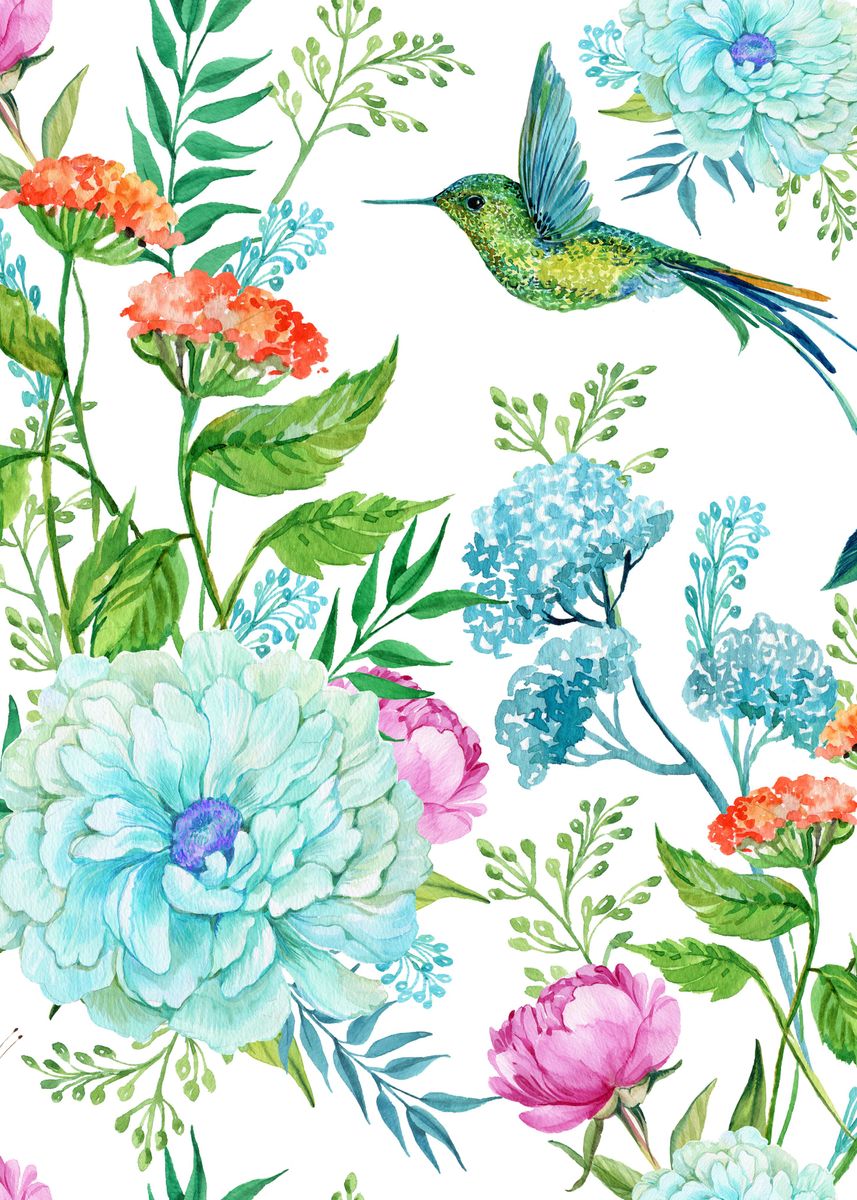 'Hummingbird Floral Patt 05' Poster, picture, metal print, paint by ...