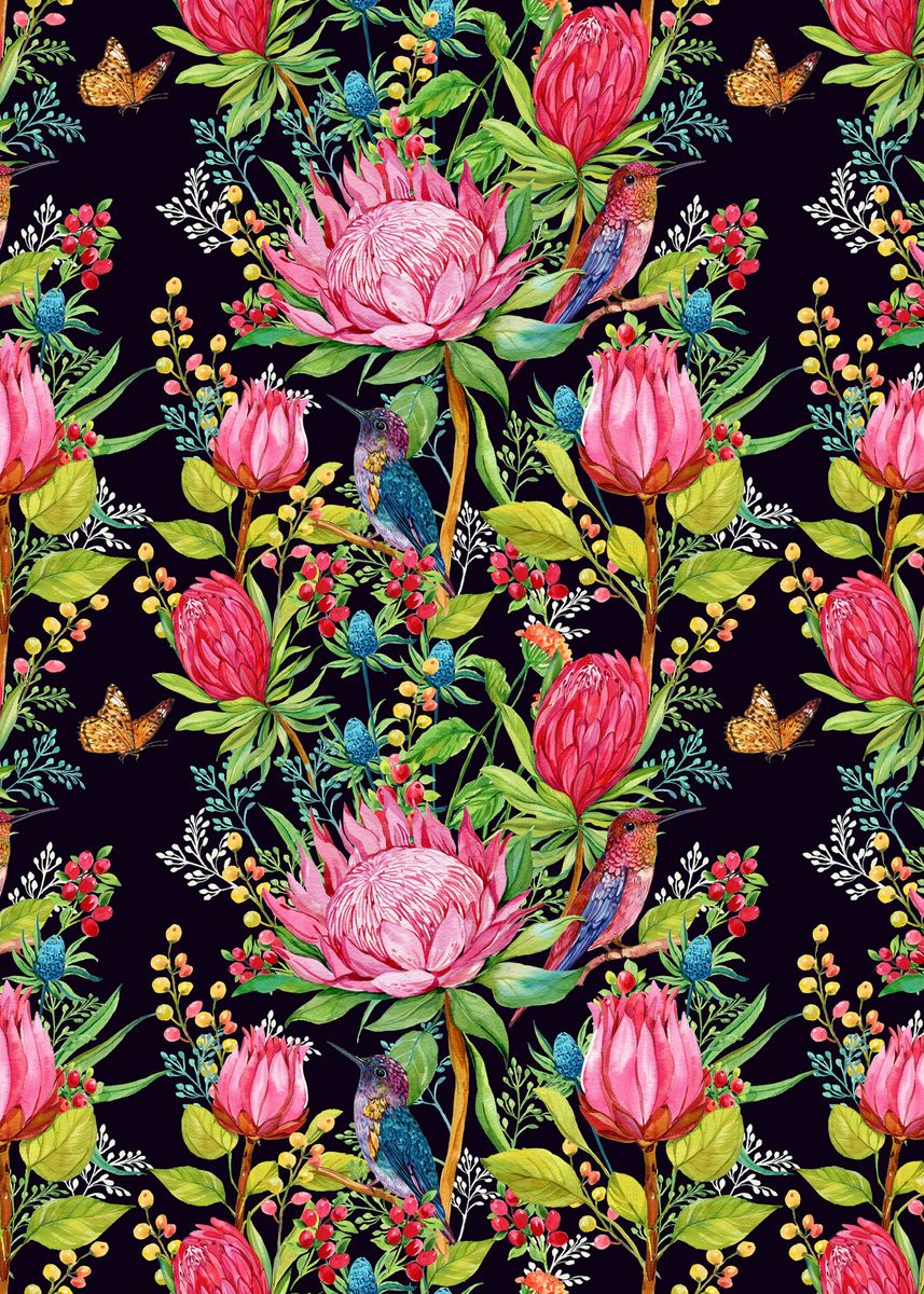 'Hummingbird Floral Patt 06' Poster by Aloke Design | Displate