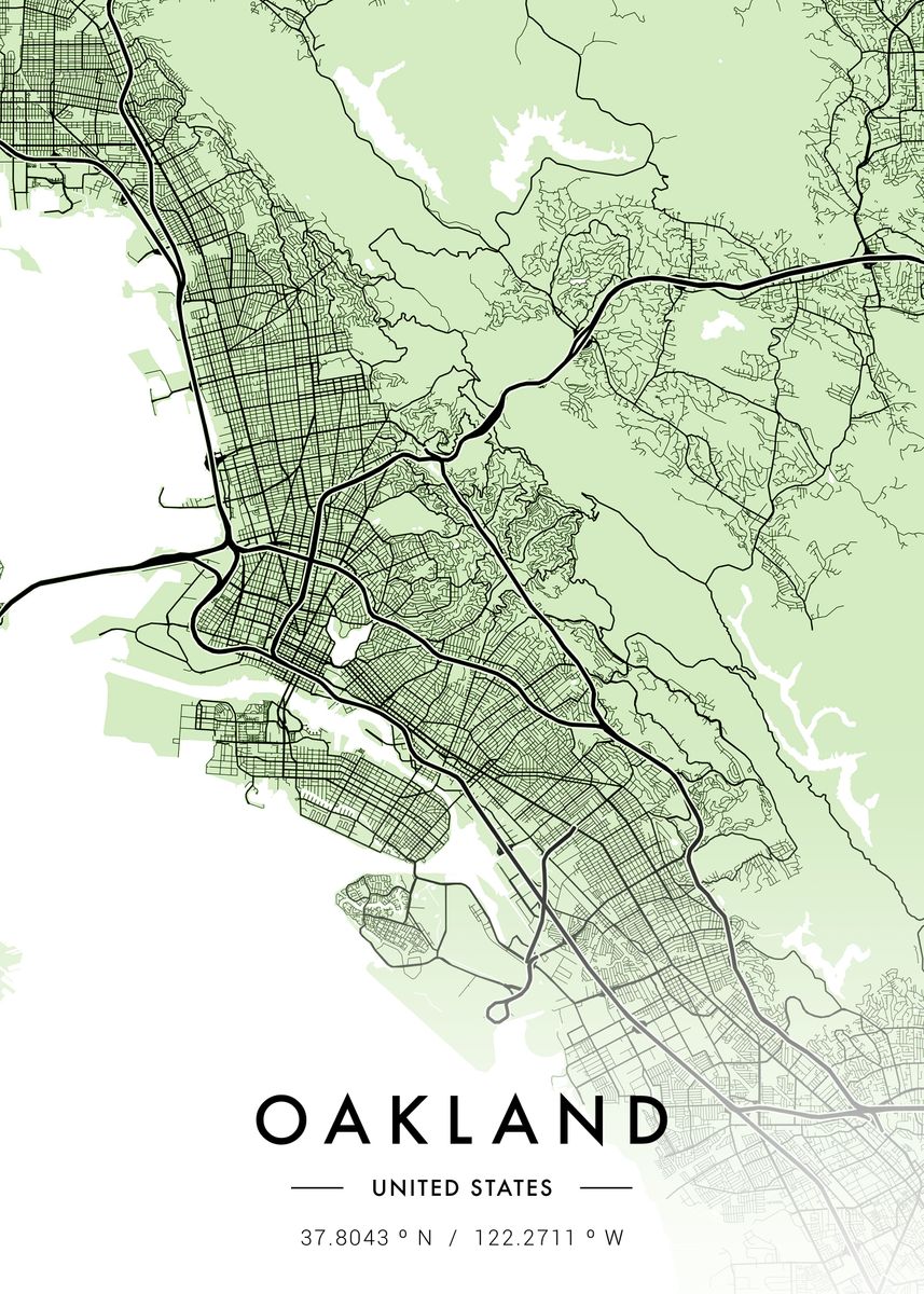'Oakland City Map Green' Poster, picture, metal print, paint by MVDZ ...