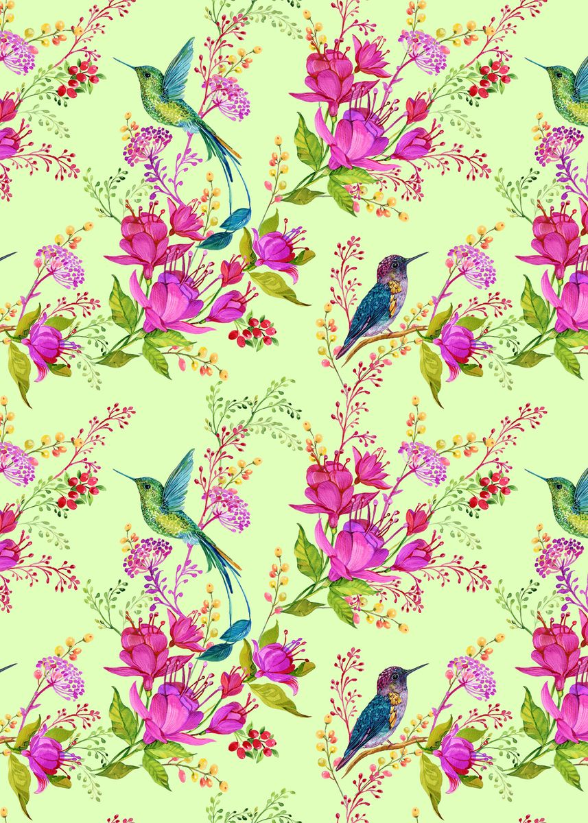 'Hummingbird Floral Patt 03' Poster, picture, metal print, paint by ...