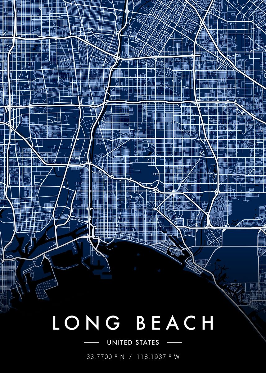 'Long Beach City Map Blue' Poster, picture, metal print, paint by MVDZ ...