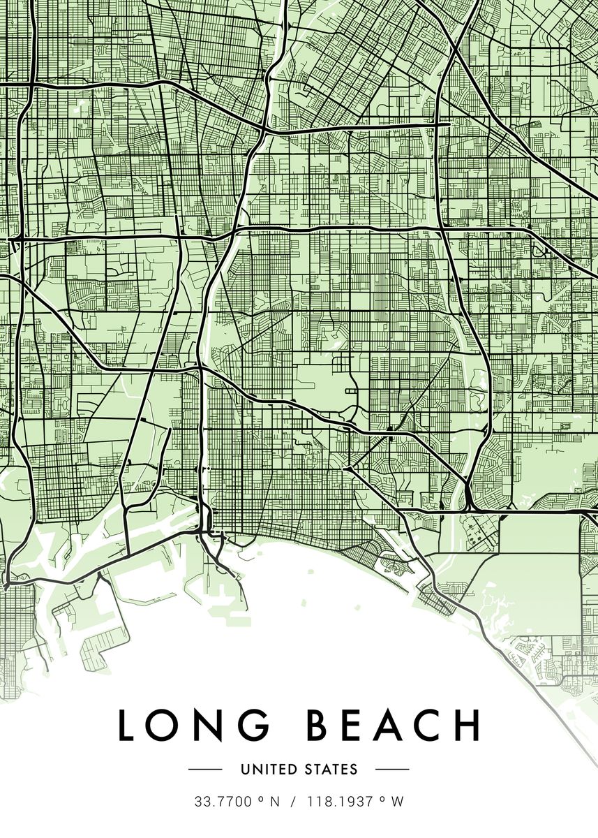 'Long Beach City Map Green' Poster, picture, metal print, paint by MVDZ ...