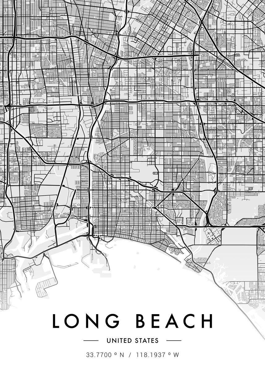 'Long Beach City Map White' Poster, picture, metal print, paint by MVDZ ...