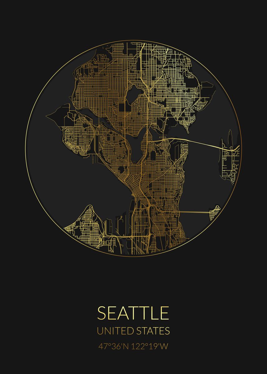 'Seattle Black Gold Map' Poster, picture, metal print, paint by ...