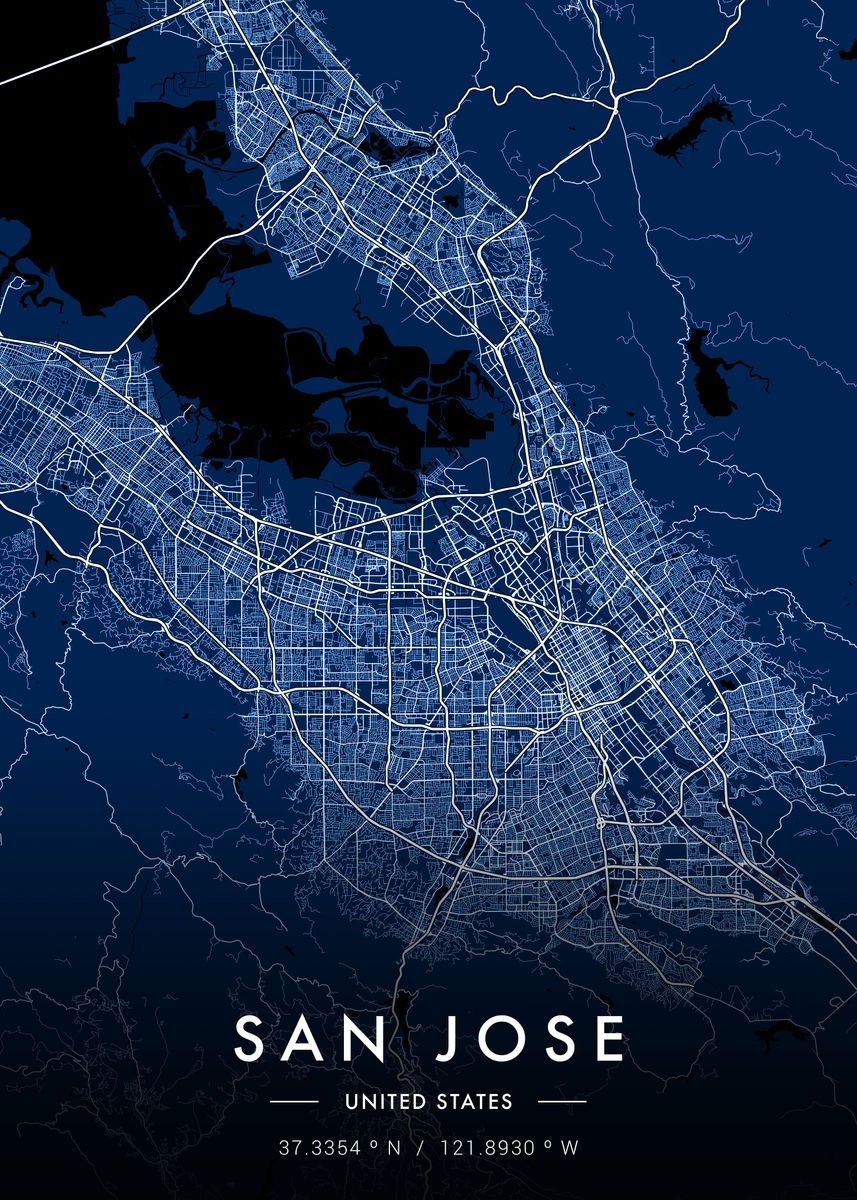 'San Jose City Map Blue' Poster, picture, metal print, paint by MVDZ ...