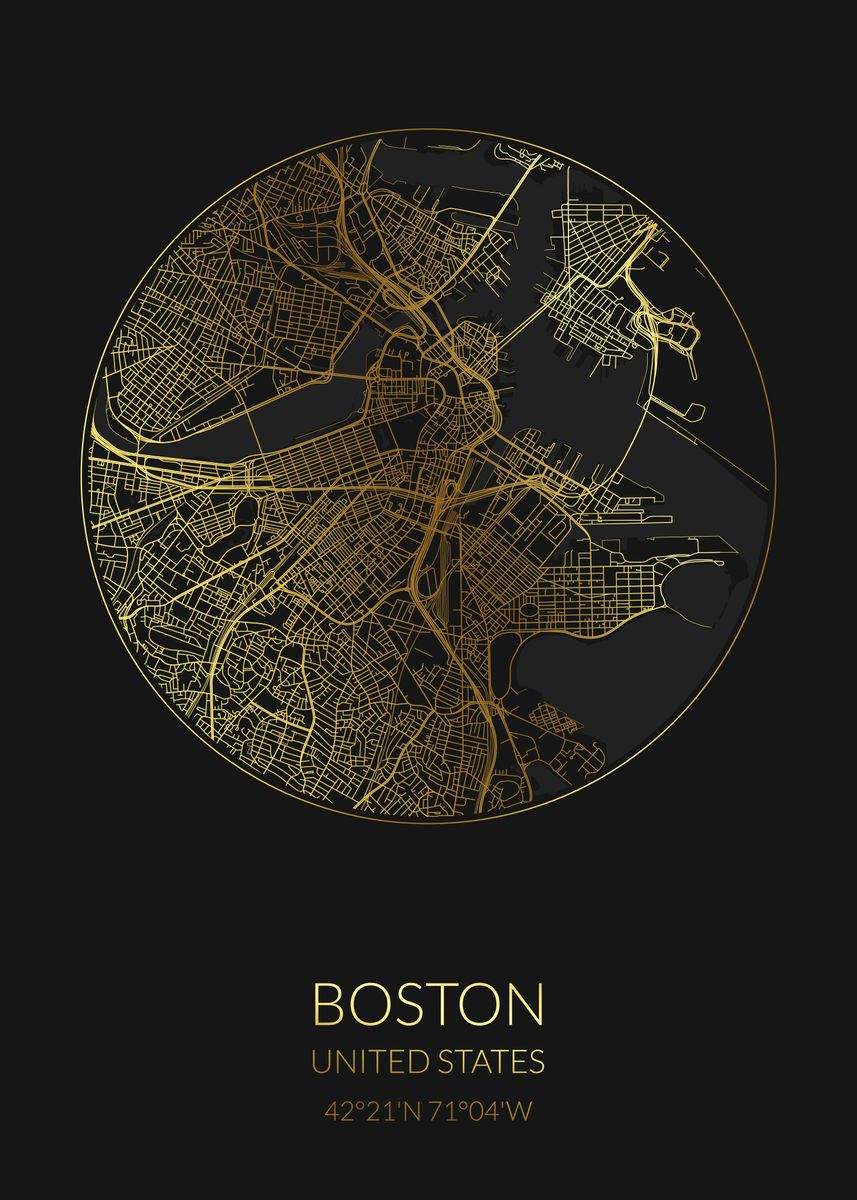 'Boston Black Gold Map' Poster, picture, metal print, paint by dkDesign ...