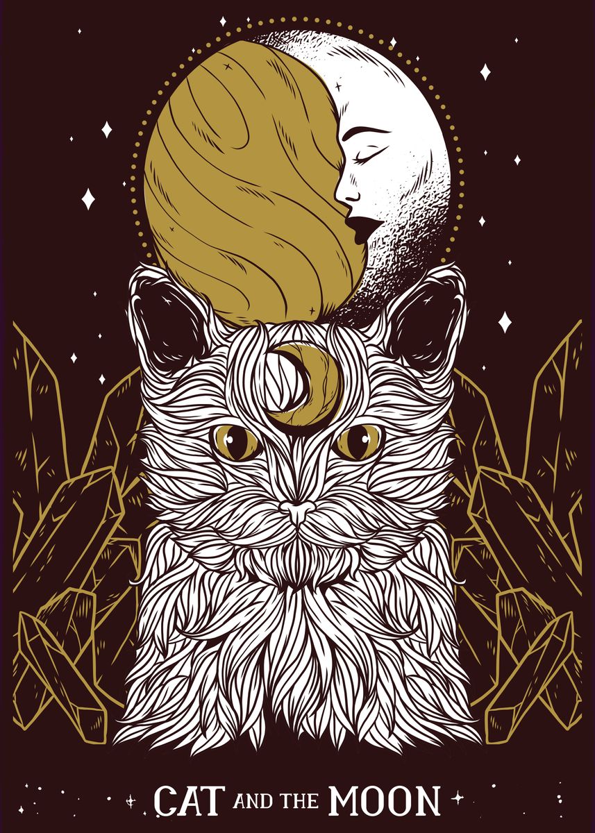 'CAT CRESCENT MOON ' Poster, picture, metal print, paint by ...