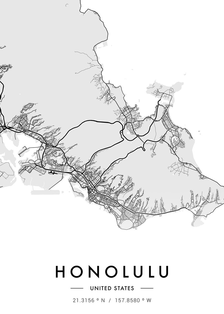 'Honolulu City Map White' Poster, picture, metal print, paint by MVDZ ...