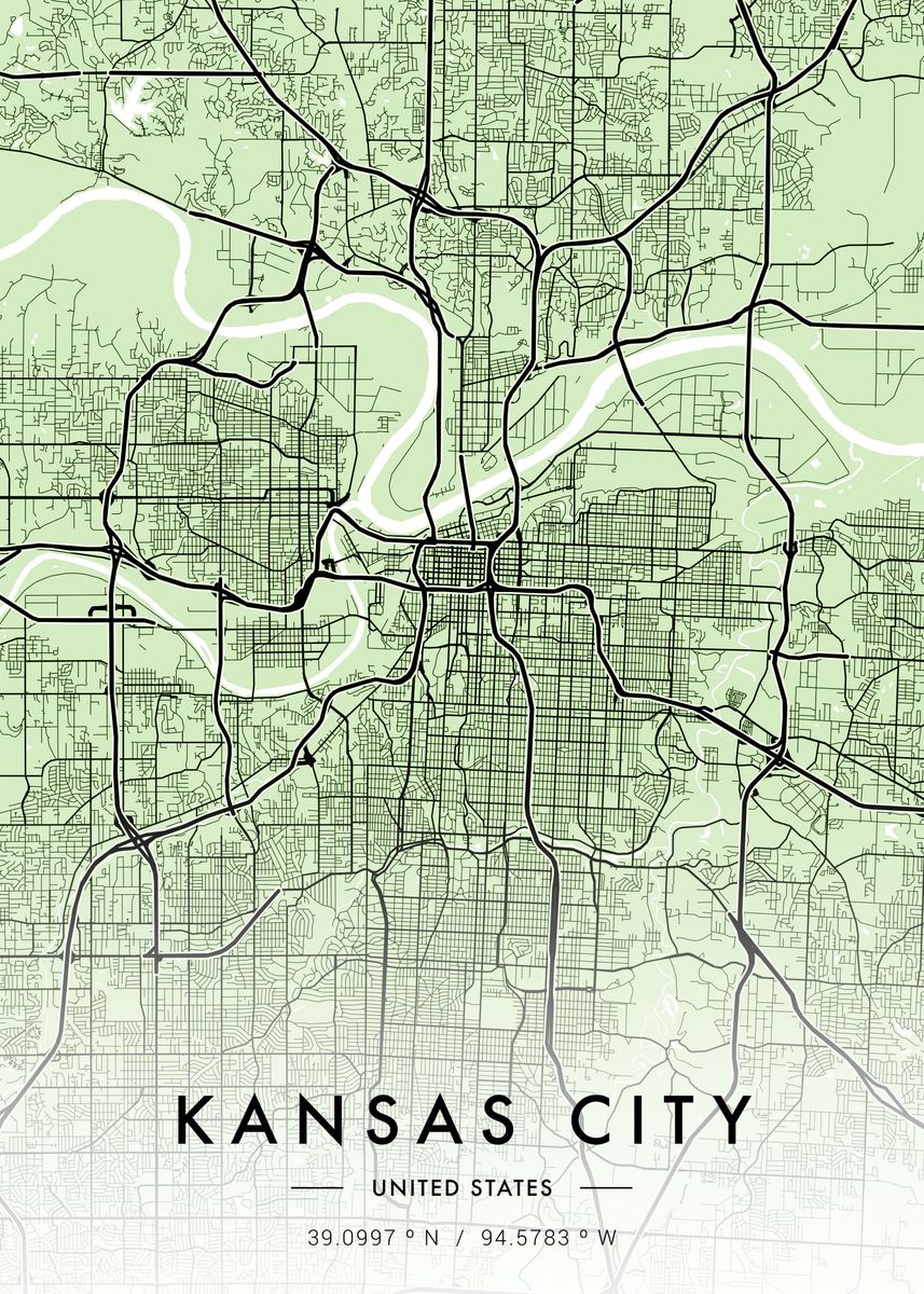 'Kansas City Map Green' Poster, picture, metal print, paint by MVDZ ...