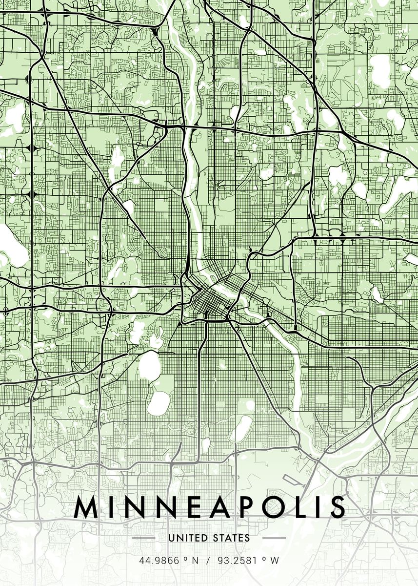 'Minneapolis City Map Green' Poster, picture, metal print, paint by ...