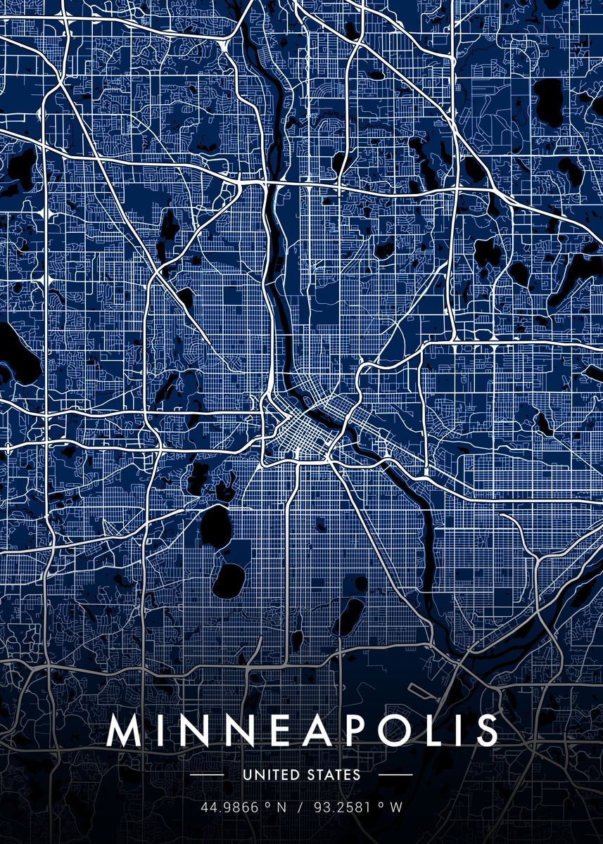'Minneapolis City Map Blue' Poster, picture, metal print, paint by MVDZ ...