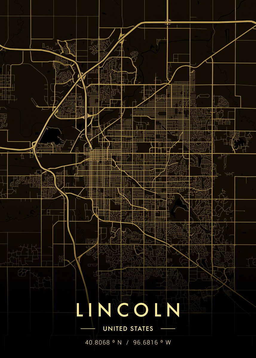 'Lincoln City Map Gold' Poster, picture, metal print, paint by MVDZ ...
