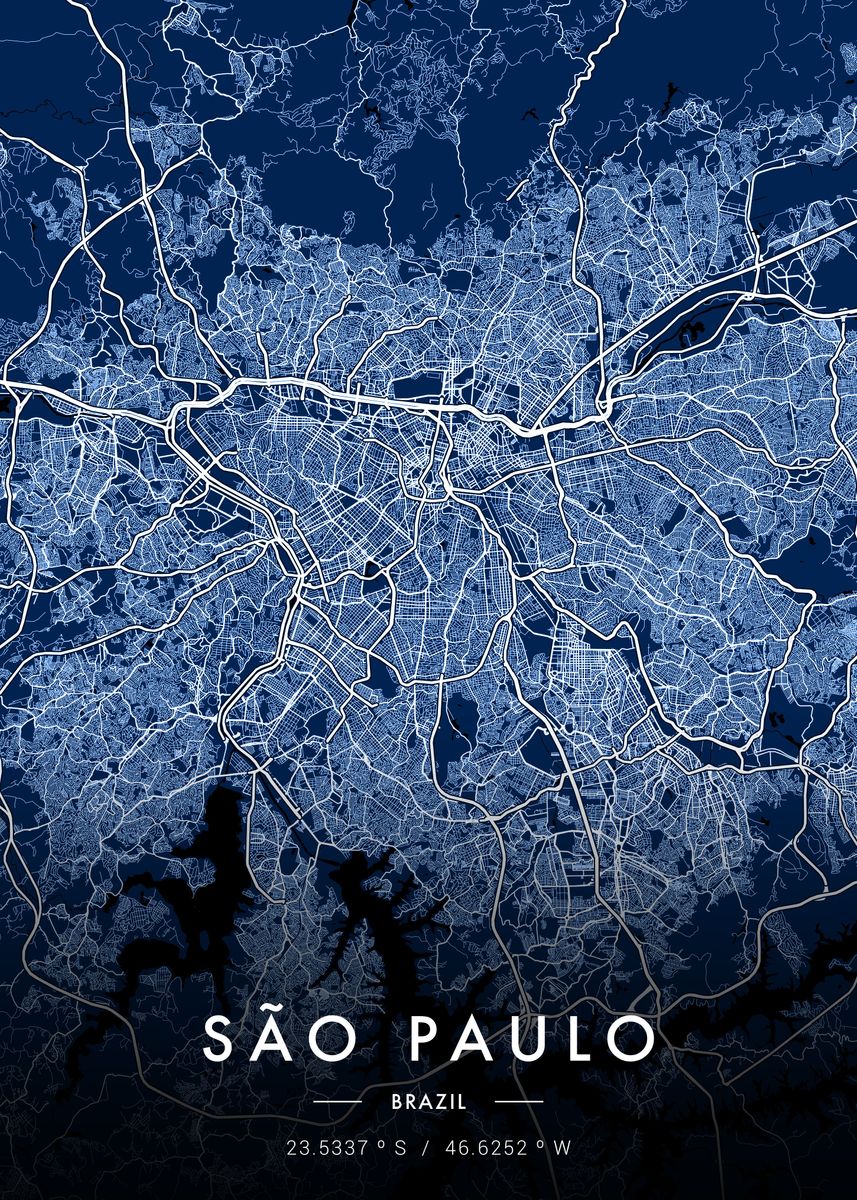 'Sao Paulo City Map Blue' Poster, picture, metal print, paint by MVDZ ...