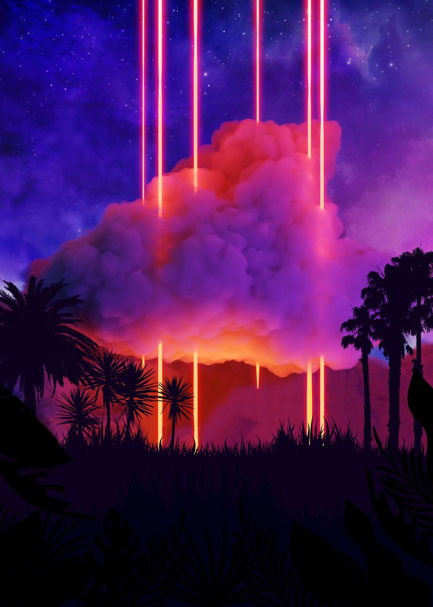 'Neon palms landscape' Poster, picture, metal print, paint by Synthwave ...