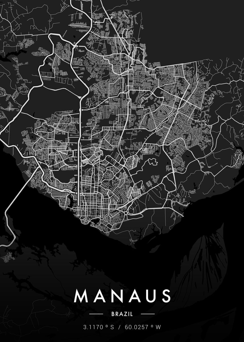 'Manaus City Map Dark' Poster, picture, metal print, paint by MVDZ ...