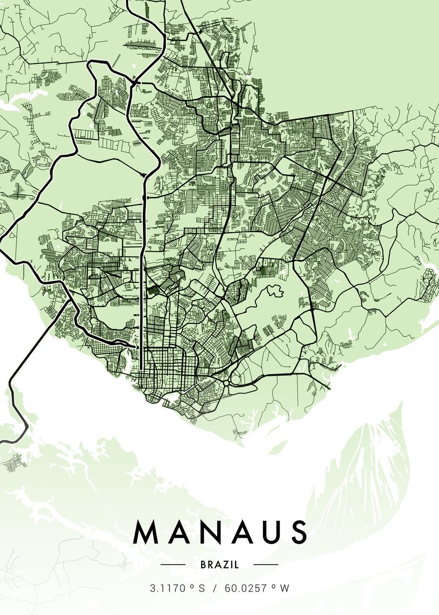 'Manaus City Map Green' Poster, picture, metal print, paint by MVDZ ...