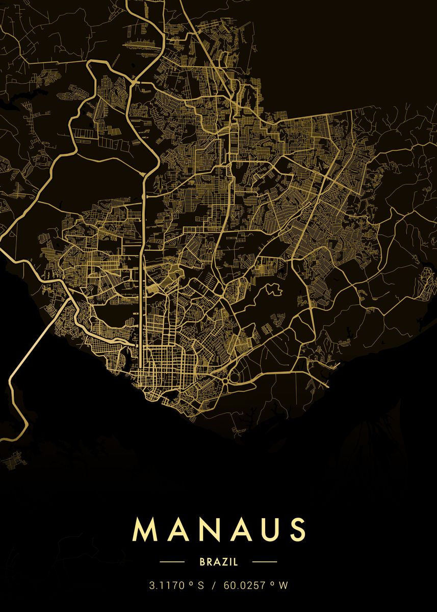 'Manaus City Map Gold' Poster, picture, metal print, paint by MVDZ ...