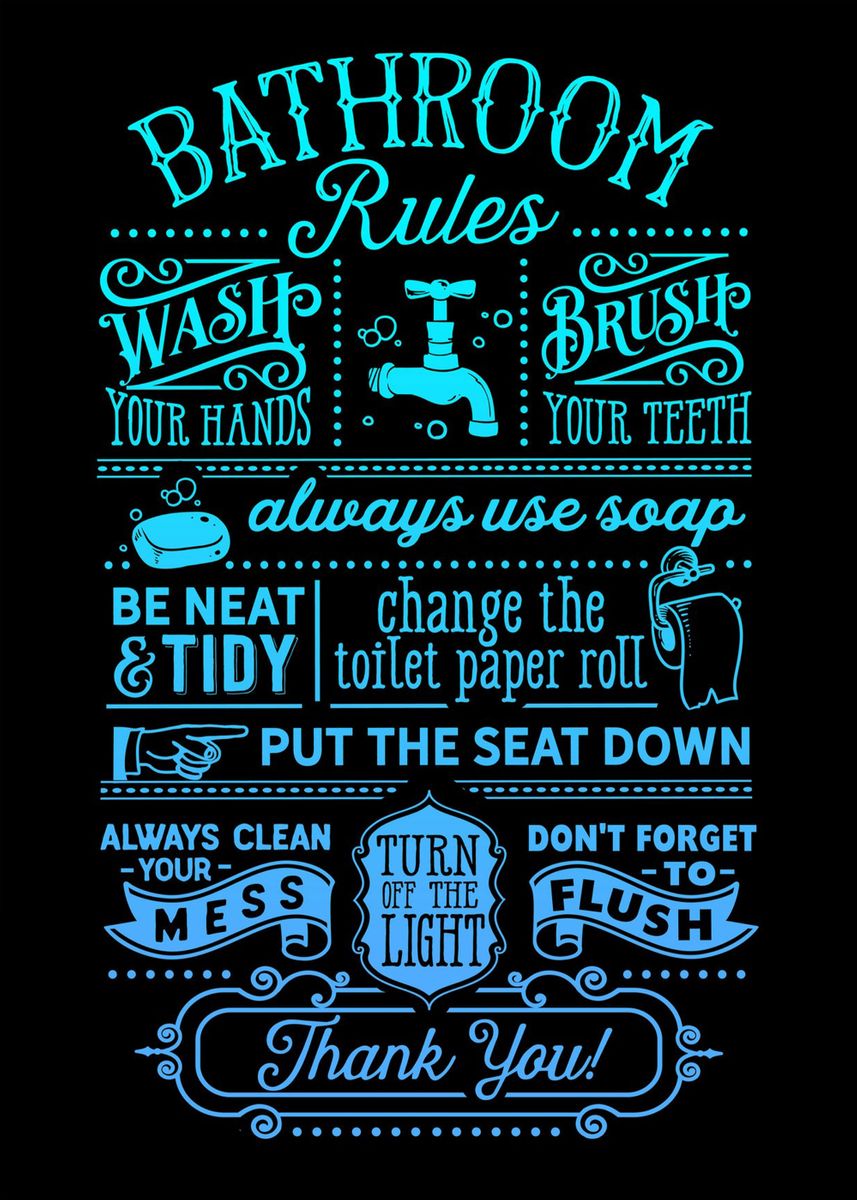'Funny Bathroom Rules Art' Poster, picture, metal print, paint by ...
