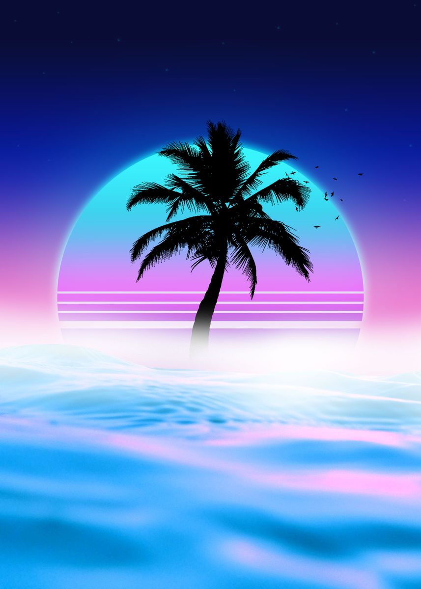 'palm sunset synthwave 5' Poster, picture, metal print, paint by ...
