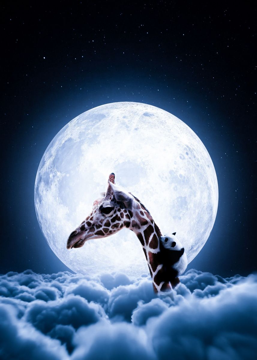 'Giraffe and baby panda' Poster, picture, metal print, paint by Gen Z ...