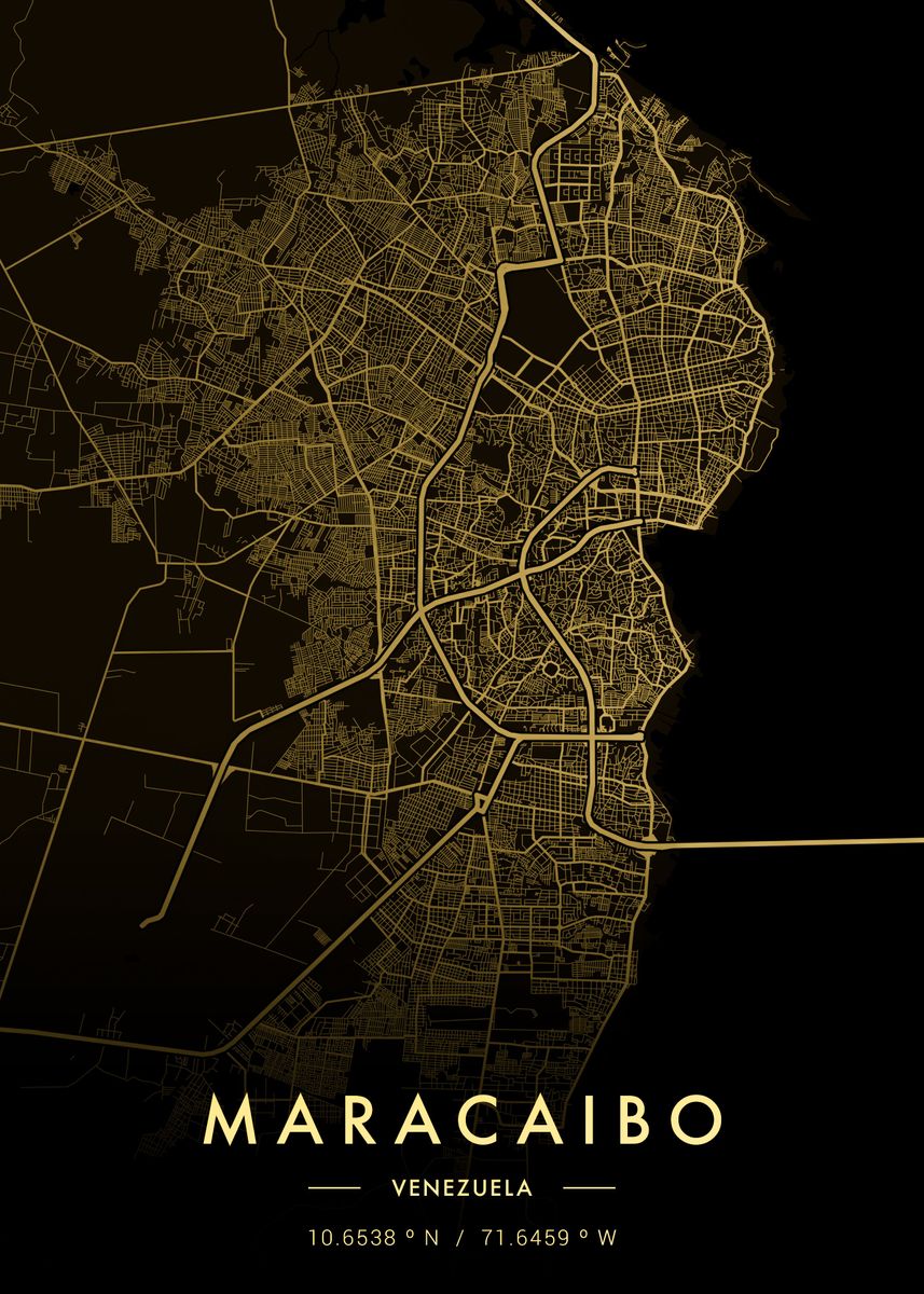 'Maracaibo City Map Gold' Poster, picture, metal print, paint by MVDZ ...